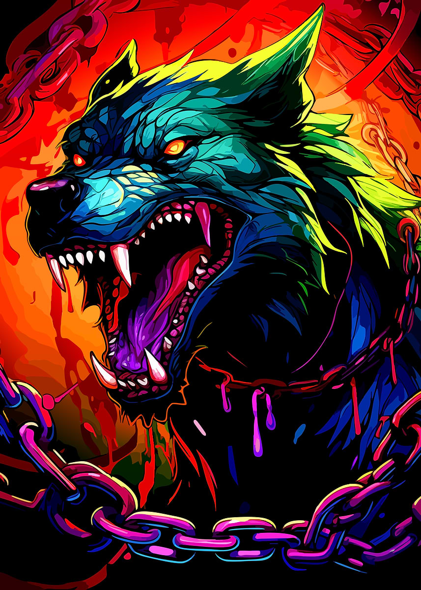 'Colorful chained wolf illustration' Poster, picture, metal print ...