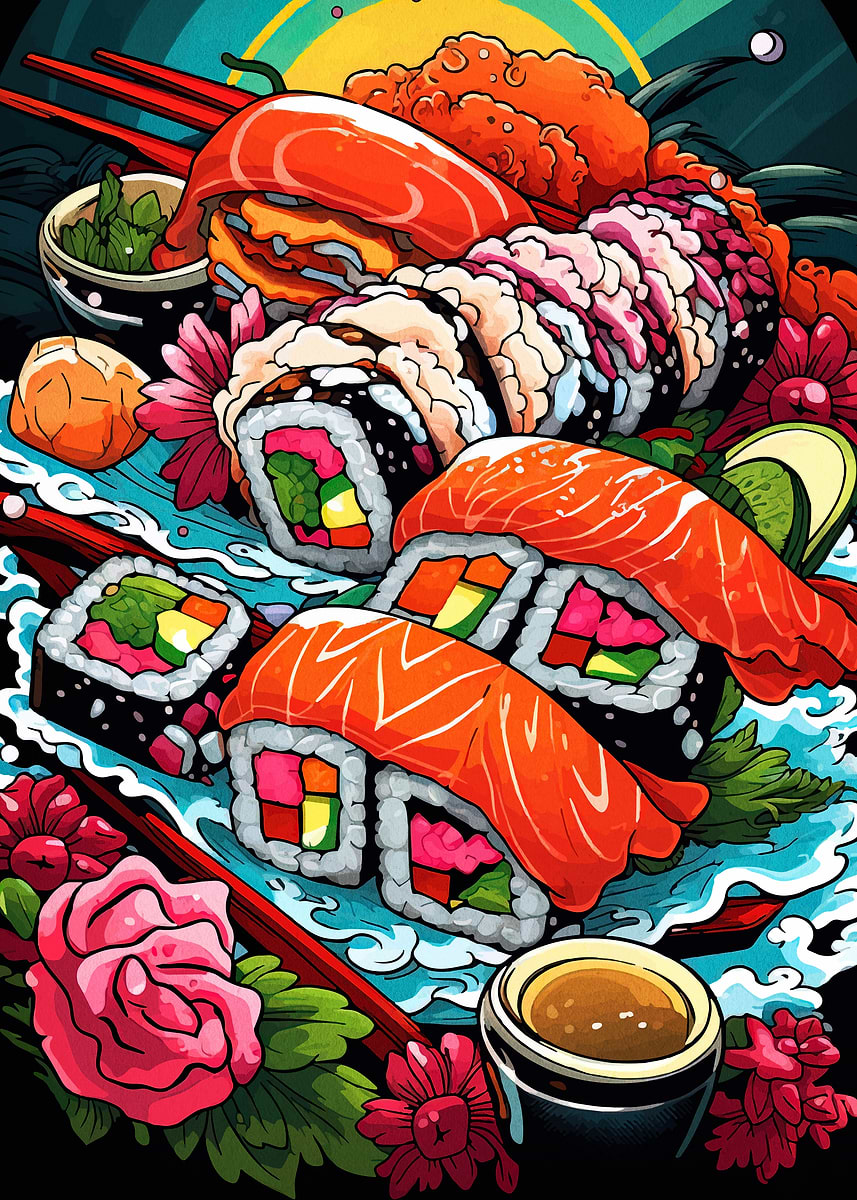 'Sushi Feast with Floral Accents' Poster, picture, metal print, paint ...