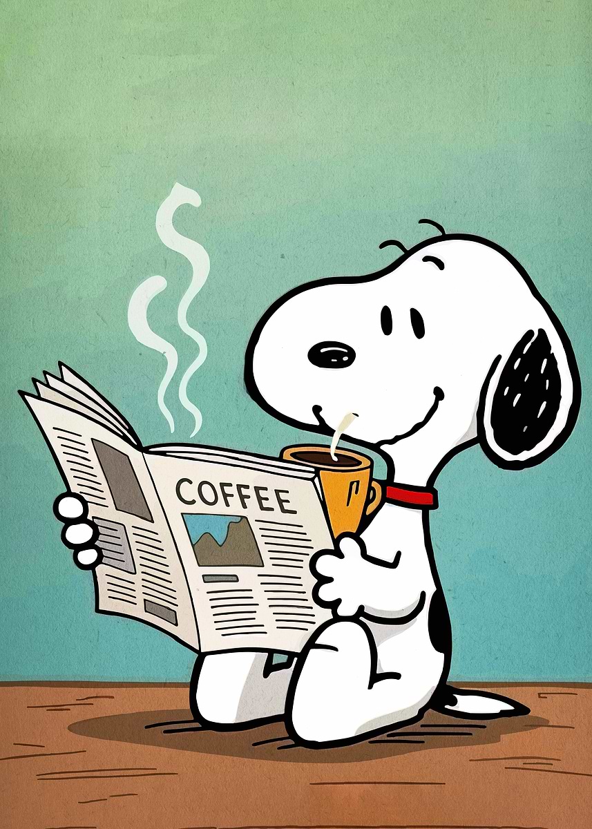 'Snoopy reading newspaper with coffee' Poster, picture, metal print ...