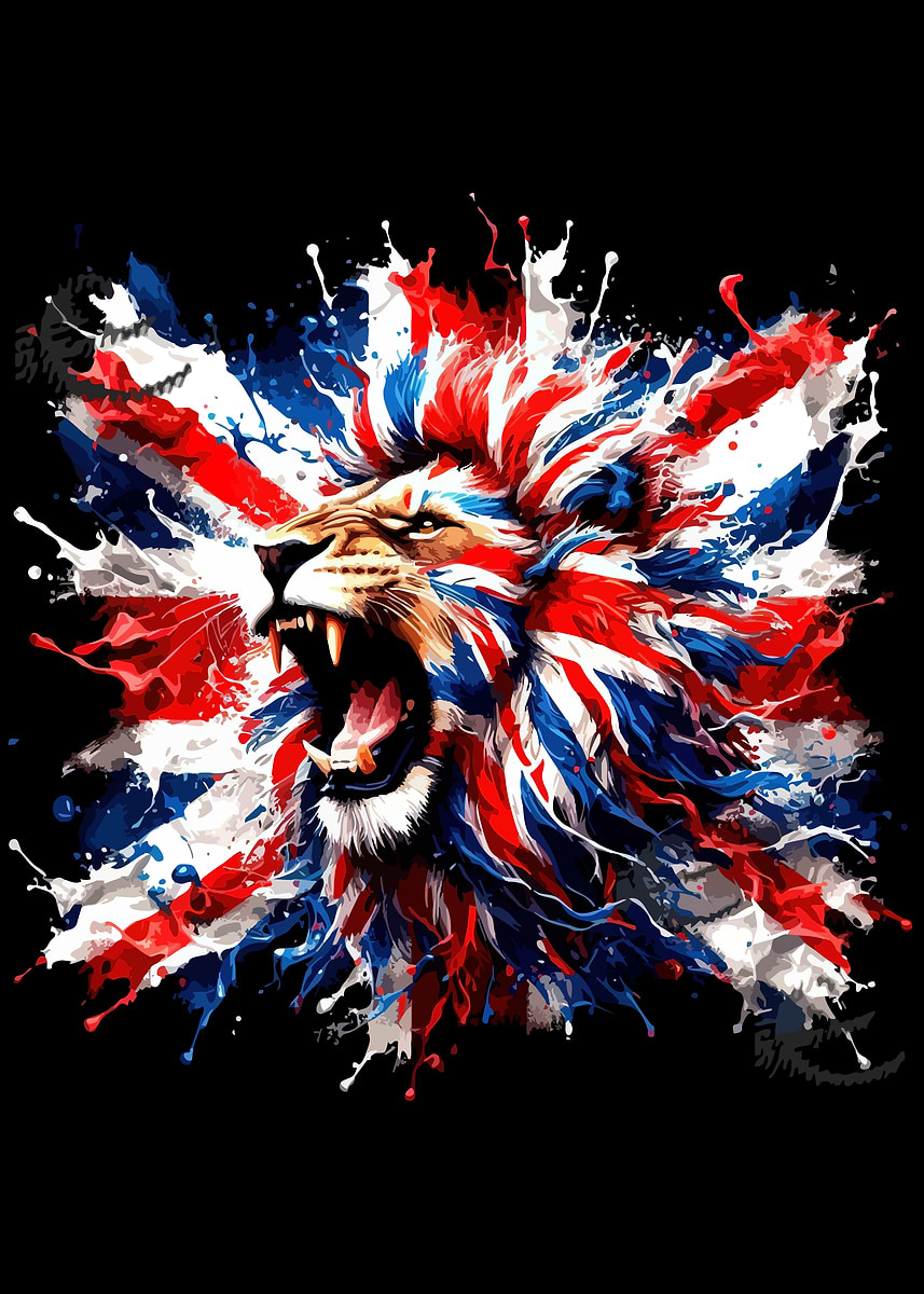 'Lion with Union Jack Splash Art' Poster, picture, metal print, paint ...