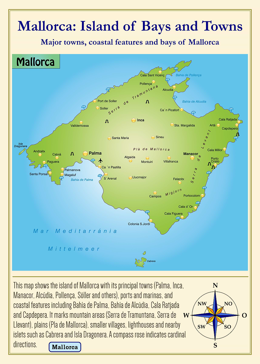 'Mallorca Island Map: Bays and Towns' Poster, picture, metal print ...