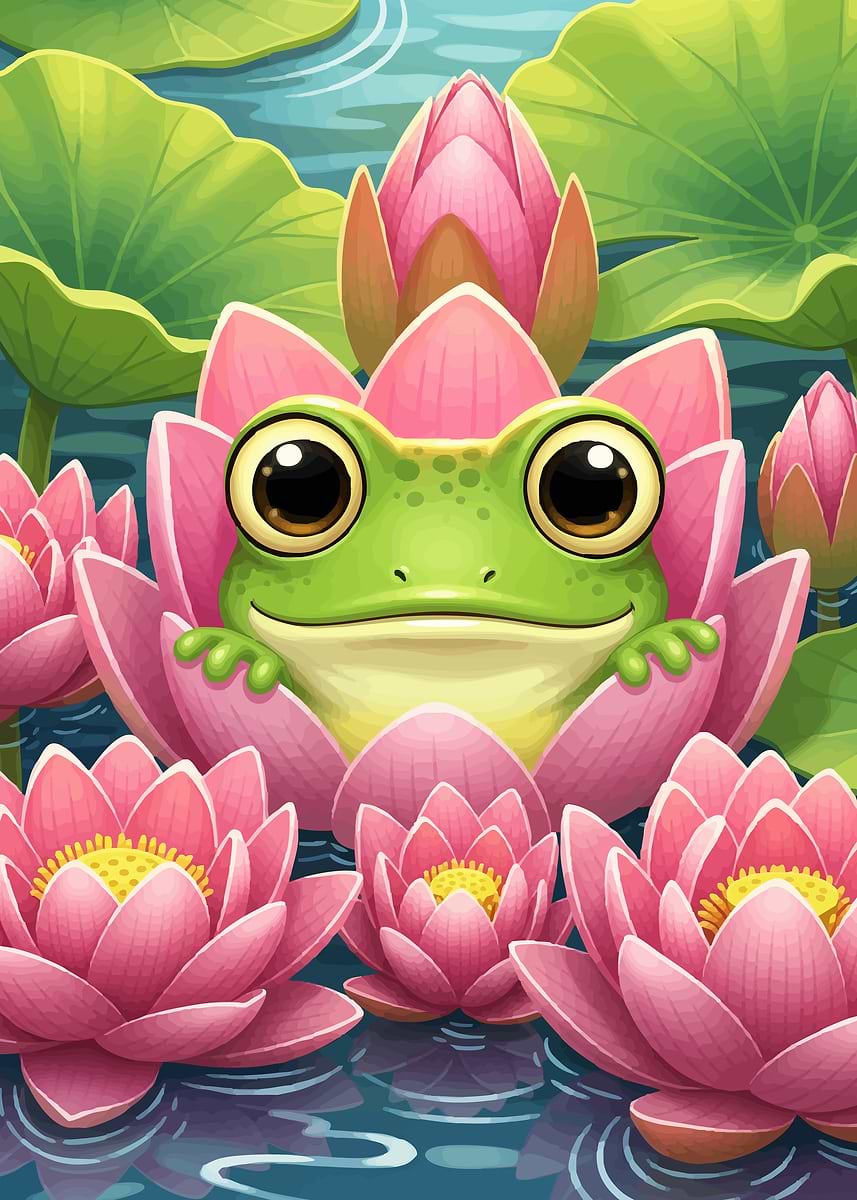 'Cute Frog Lotus Flower Pond' Poster, picture, metal print, paint by ...