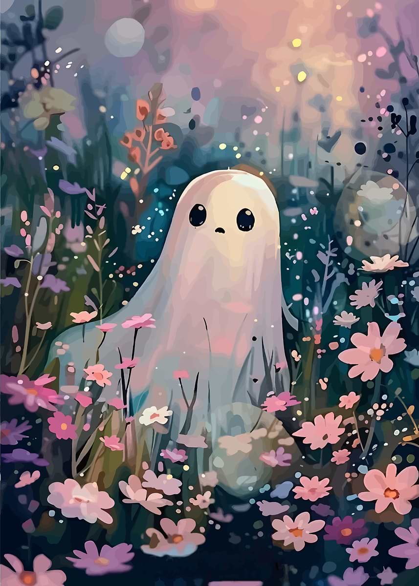 'Cute Ghost in a Flower Field' Poster, picture, metal print, paint by ...