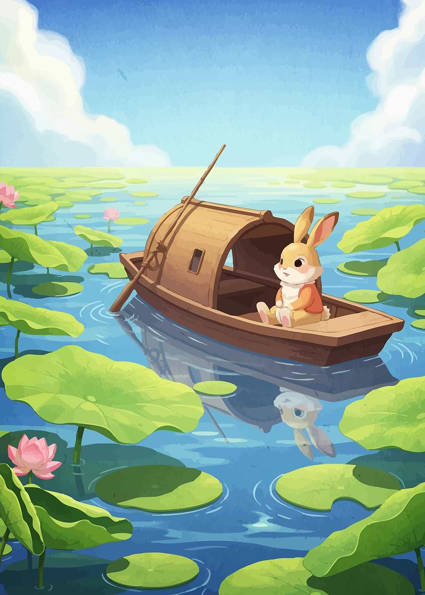 'Rabbit Boat Lily Pond' Poster, picture, metal print, paint by Lindsay ...
