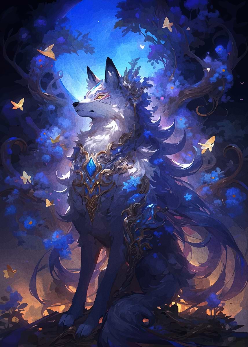 'Enchanted Wolf with Blue Flowers' Poster, picture, metal print, paint ...