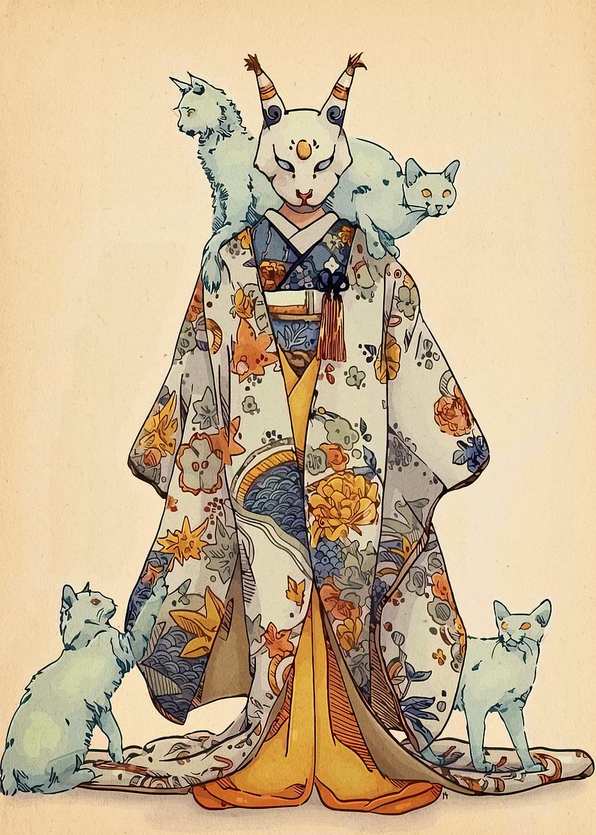 'Mystical Cat Spirit in Kimono' Poster, picture, metal print, paint by ...