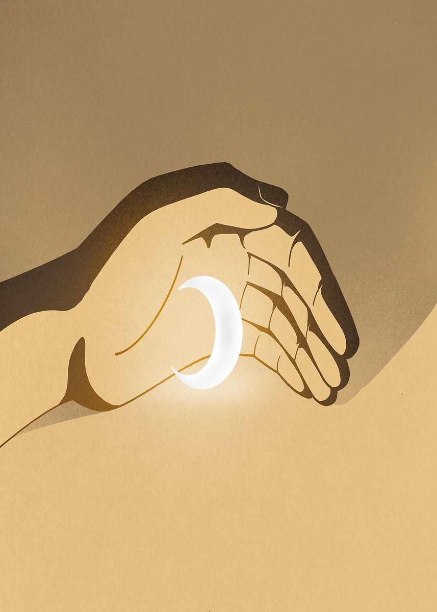 'Hand Holding Glowing Crescent Moon' Poster, picture, metal print ...