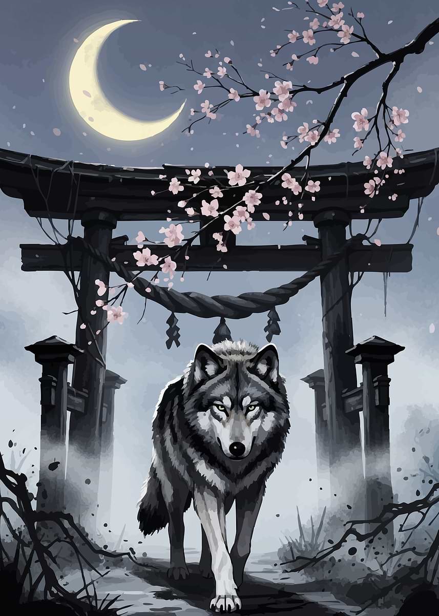'Wolf Torii Gate Moon' Poster, picture, metal print, paint by Lindsay ...