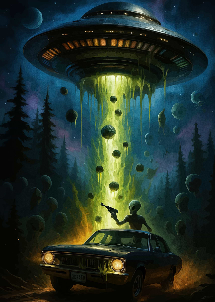'Alien abduction car' Poster, picture, metal print, paint by Kenny ...