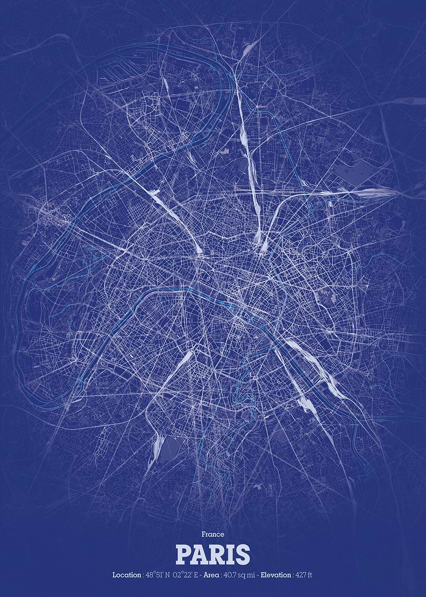 'Paris City Map - Blueprint' Poster, picture, metal print, paint by ...