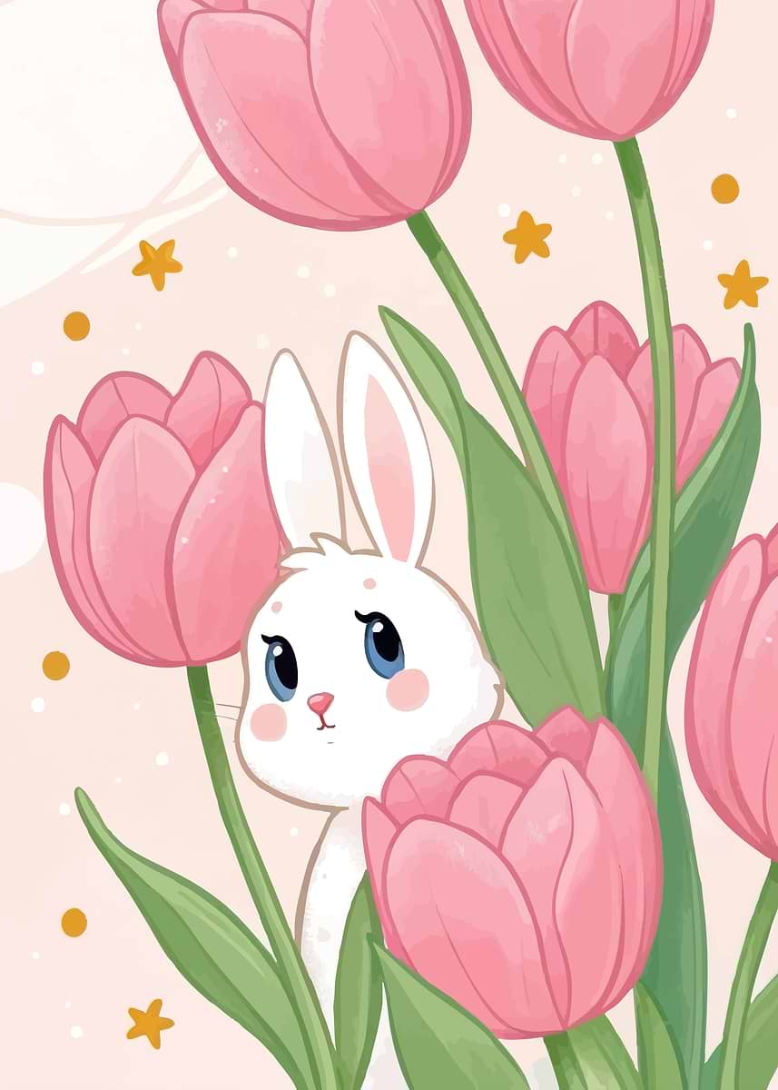 'Cute Bunny Tulips' Poster, picture, metal print, paint by Sheree ...