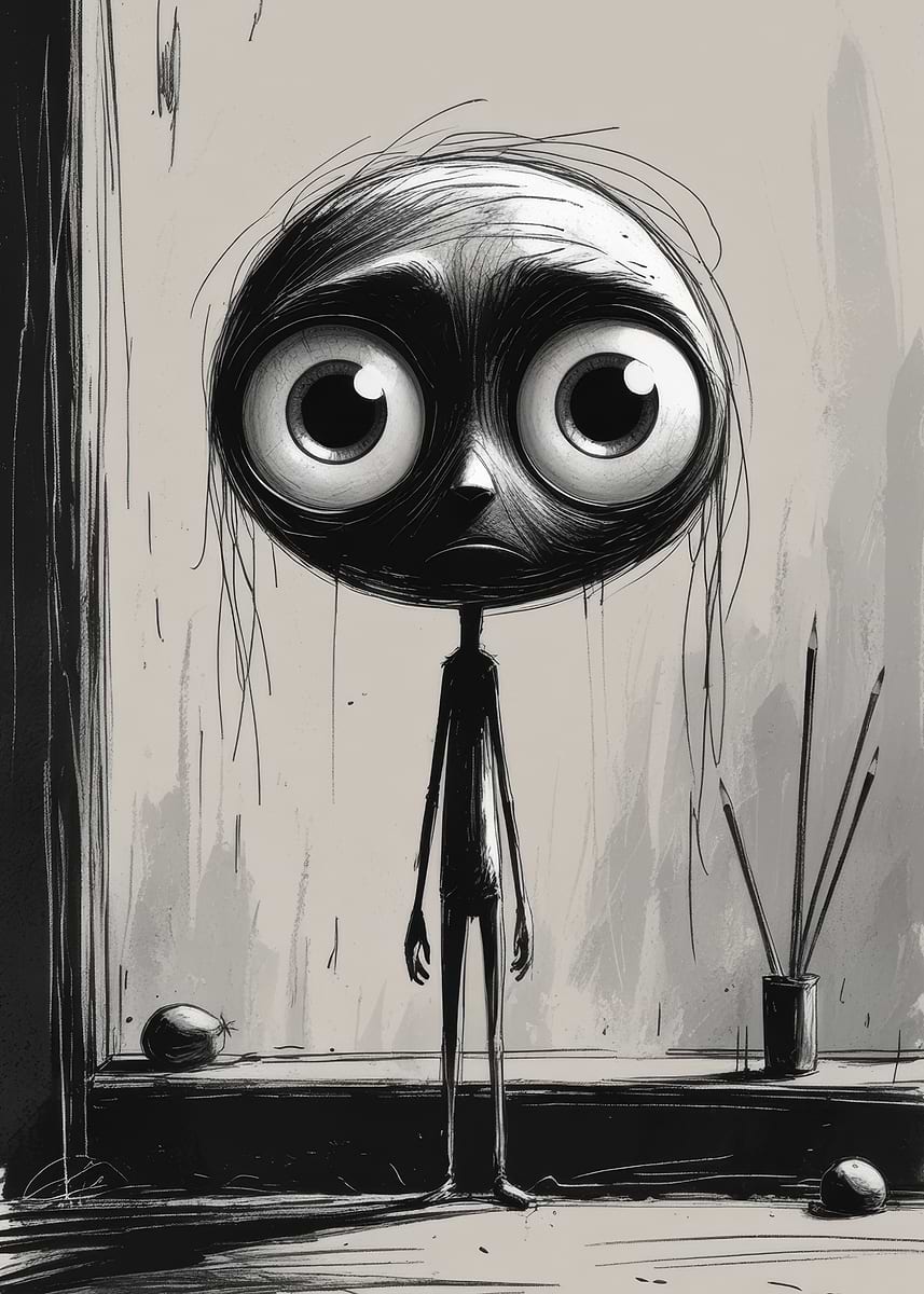 'Monochrome Sad Character Illustration' Poster, picture, metal print ...