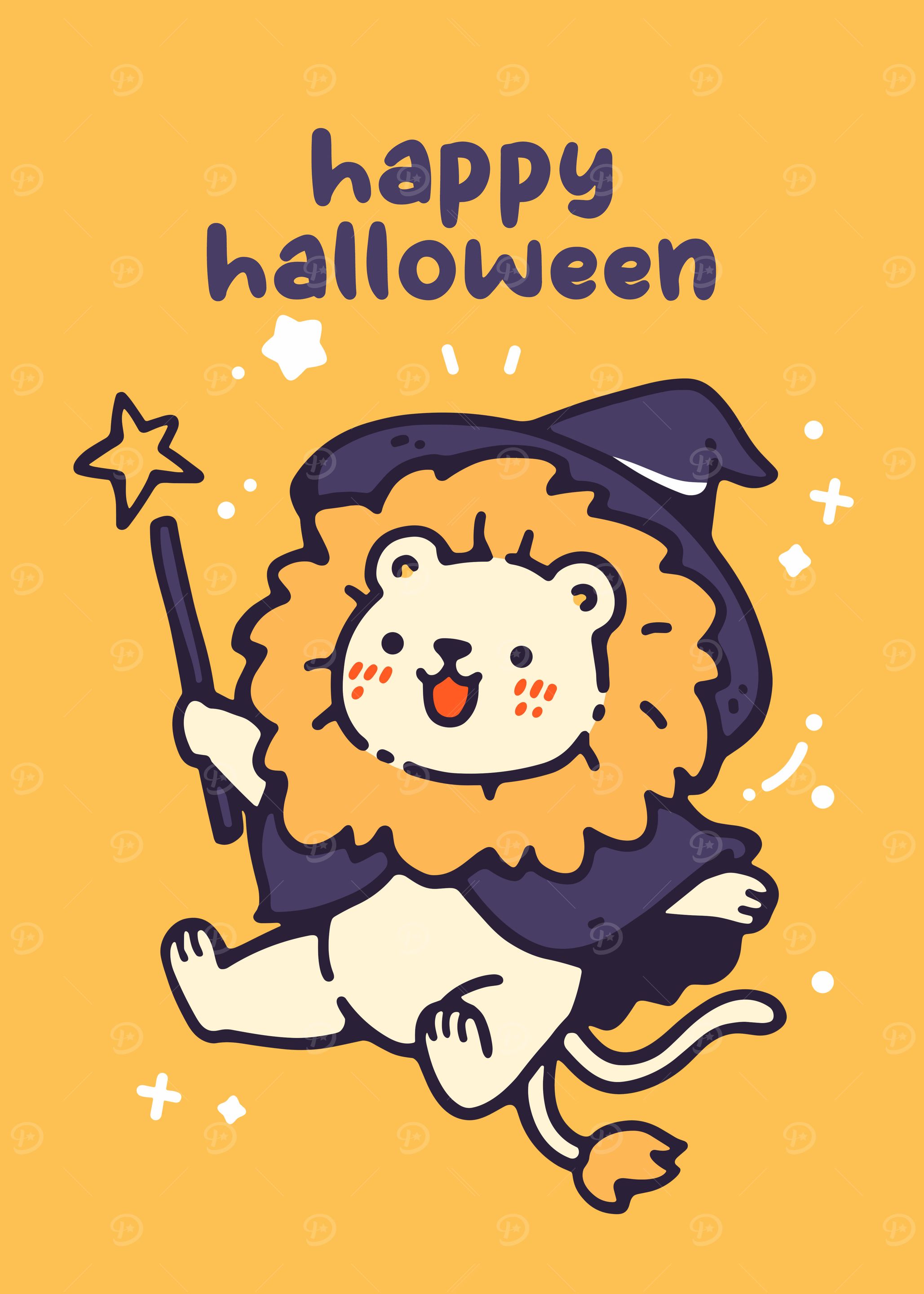 'Cute Halloween Lion Wizard Illustration' Poster, picture, metal print ...