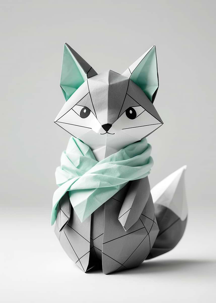'Cute Origami Fox Paper Sculpture — Geometric Gray Fox with Mint Scarf ...