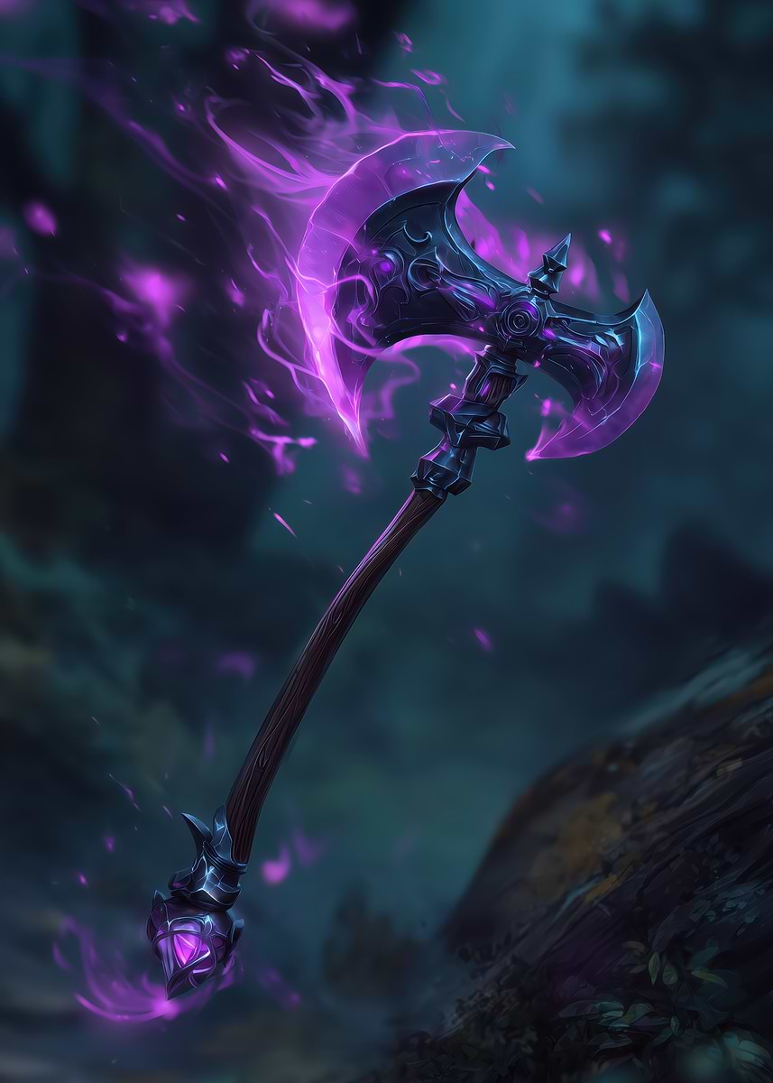 'Enchanted Double-Bladed Axe with Purple Glow' Poster, picture, metal ...