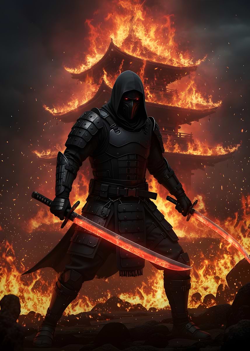 'Burning Ninja with Red Swords' Poster, picture, metal print, paint by ...