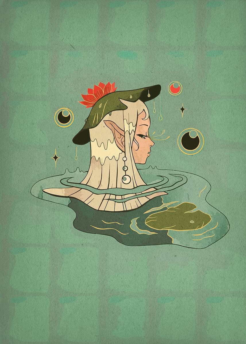 'Elf in Water with Lily Pad Hat' Poster, picture, metal print, paint by ...