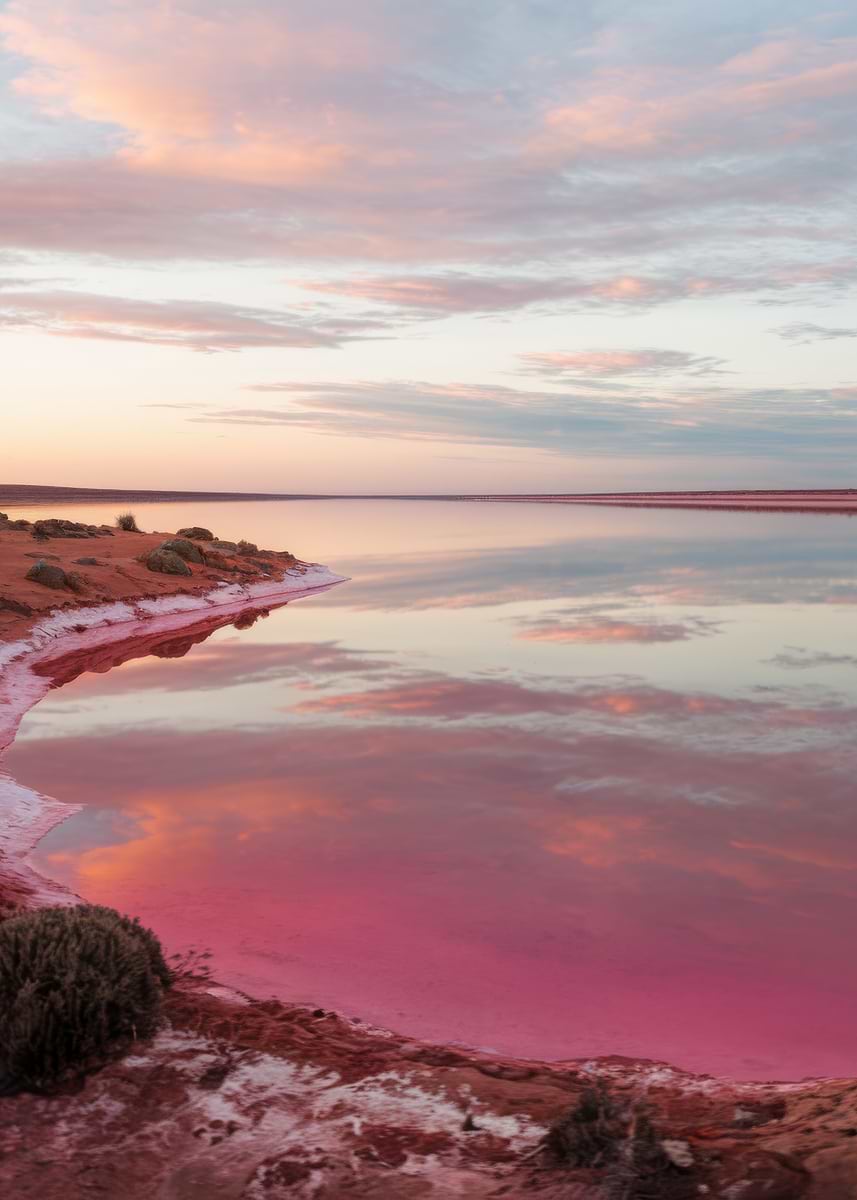 'Pink Lake Landscape at Sunset' Poster, picture, metal print, paint by ...