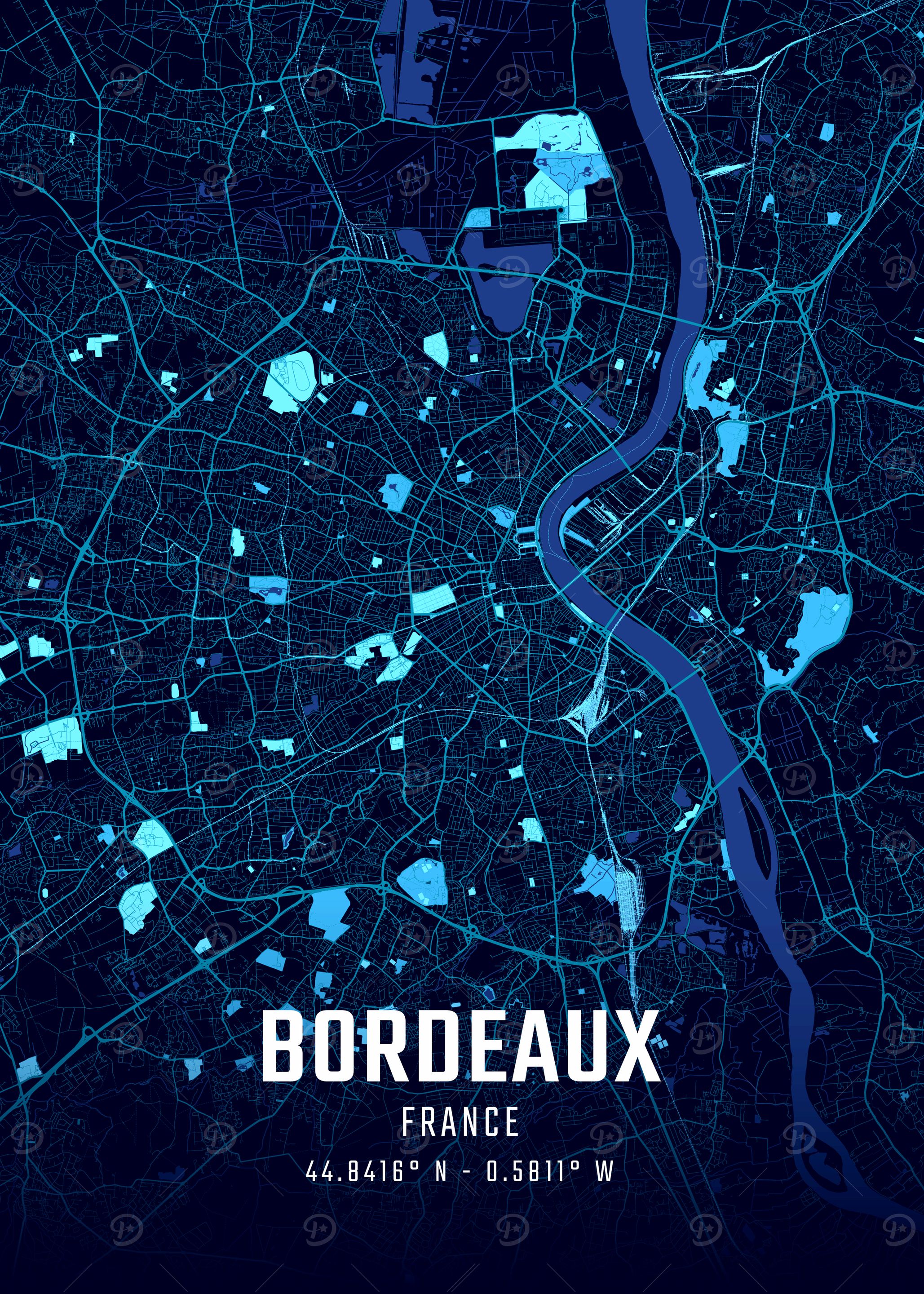 'Bordeaux Midnight City Map' Poster, picture, metal print, paint by ...