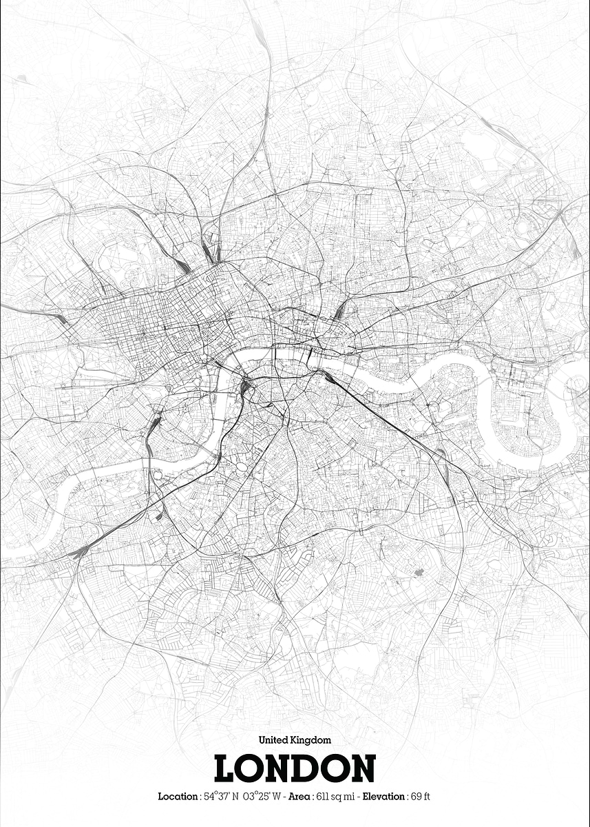 'London City Map - Black and White' Poster, picture, metal print, paint ...
