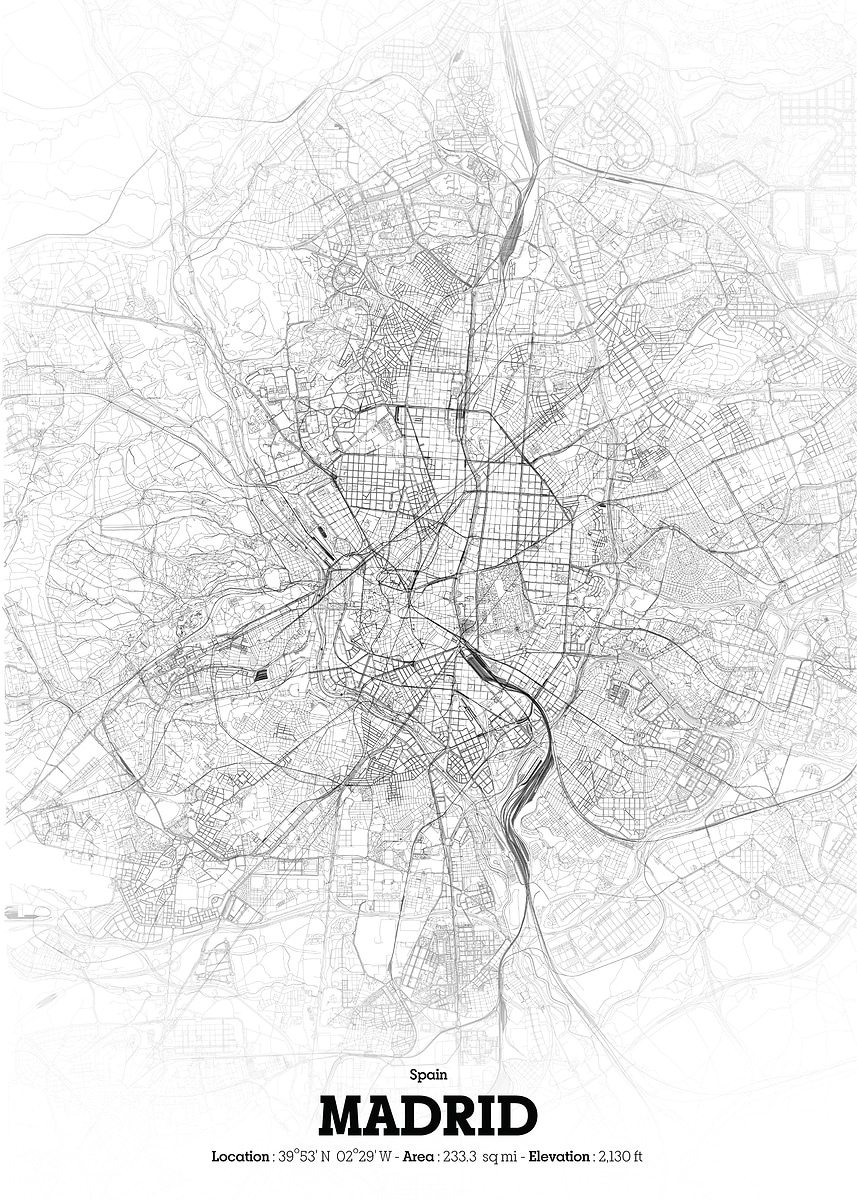 'Madrid City Map - Black and White' Poster, picture, metal print, paint ...