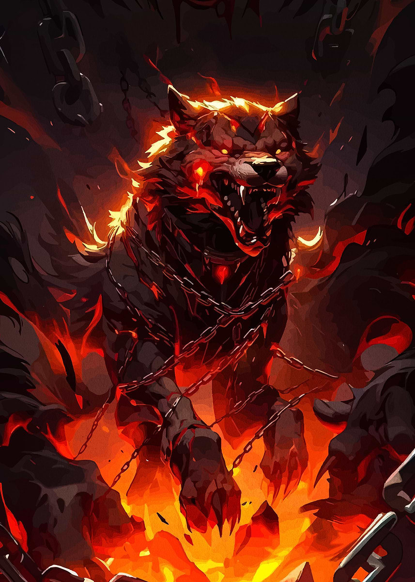 'Fiery Wolf with Chains Illustration' Poster, picture, metal print ...