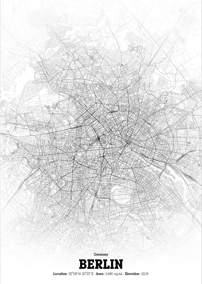 'Berlin City Map - Black and White' Poster, picture, metal print, paint ...
