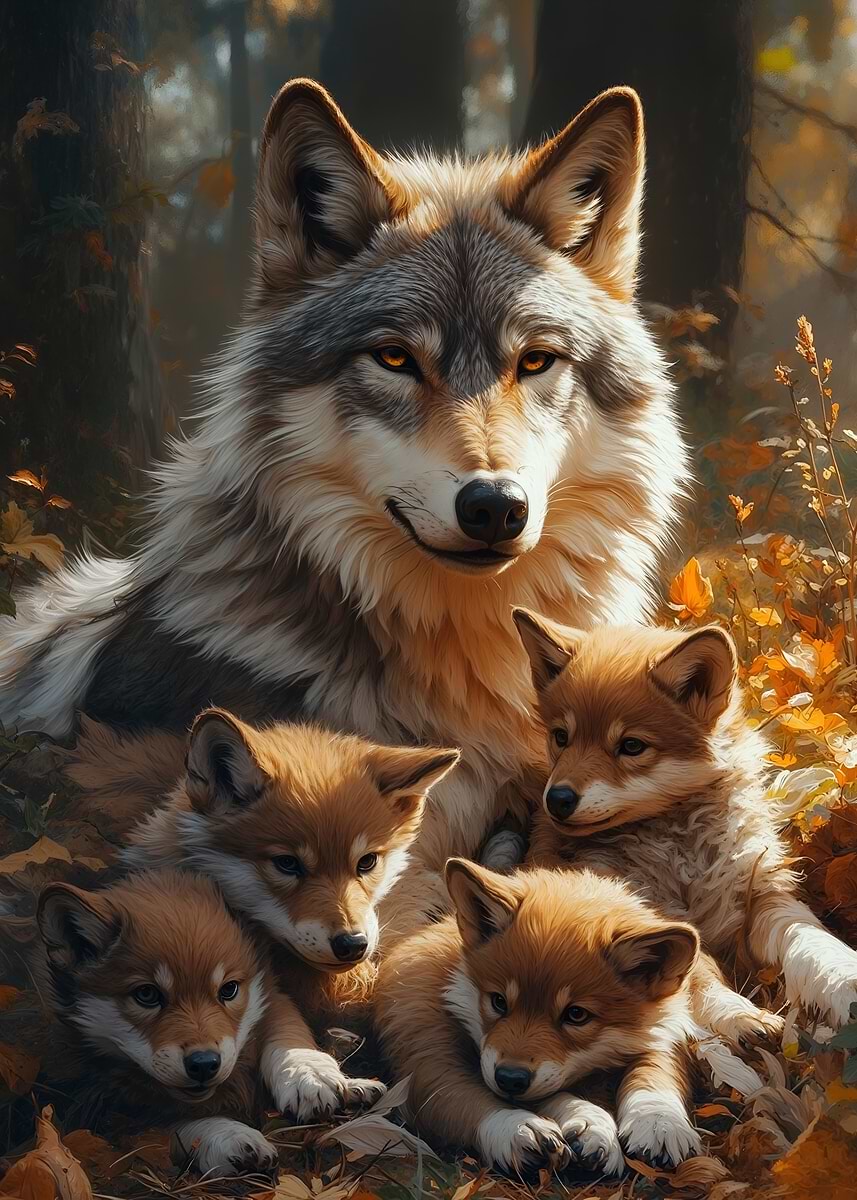 'Wolf Family Portrait in Autumn Forest' Poster, picture, metal print ...