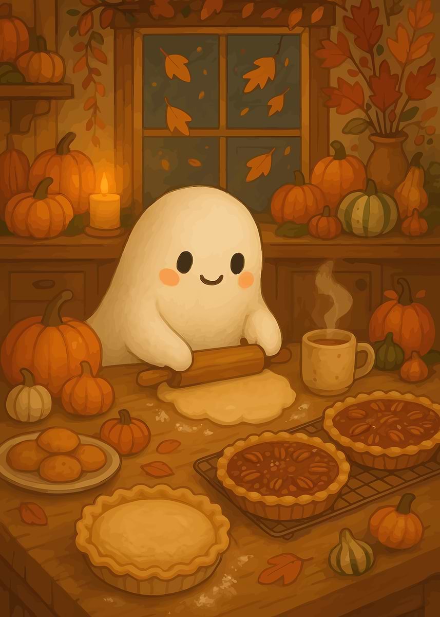 'Cute Ghost Baking Pies in Autumn' Poster, picture, metal print, paint ...