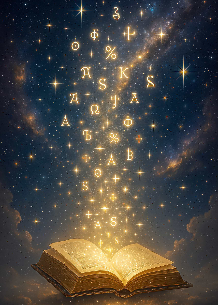 'Fantasy Open Book with Floating Symbols' Poster, picture, metal print ...