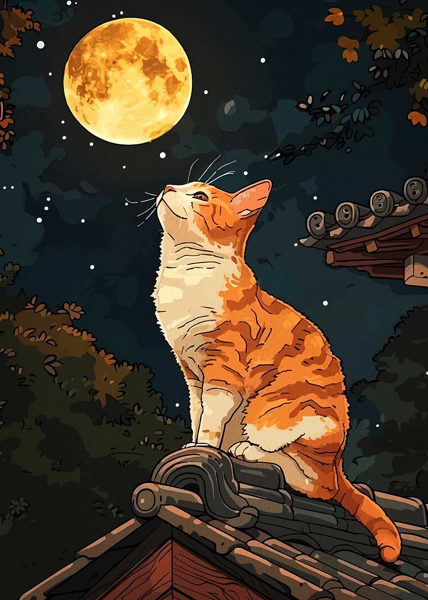 'Cat Gazing at the Moon' Poster, picture, metal print, paint by Finn ...