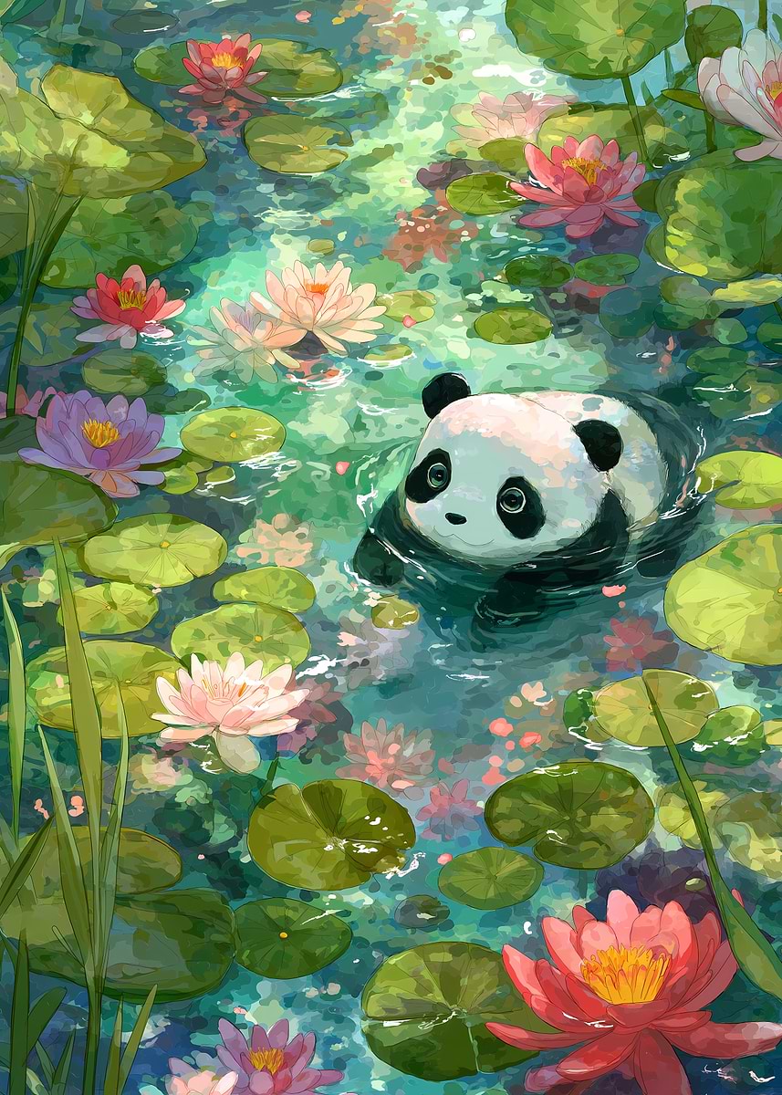 'Panda in Lily Pond' Poster, picture, metal print, paint by Yushiroe ...
