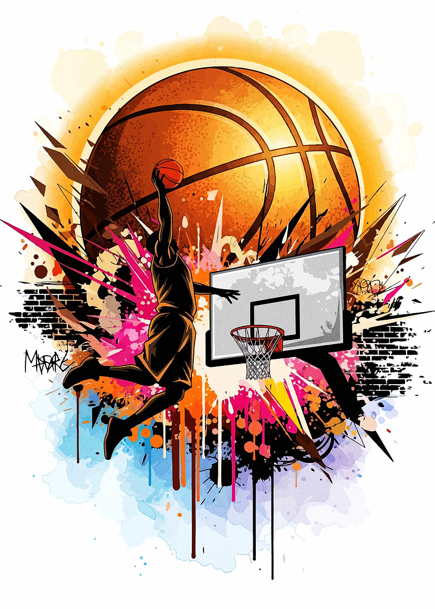 'Basketball Player Dunking with Abstract Background' Poster, picture ...