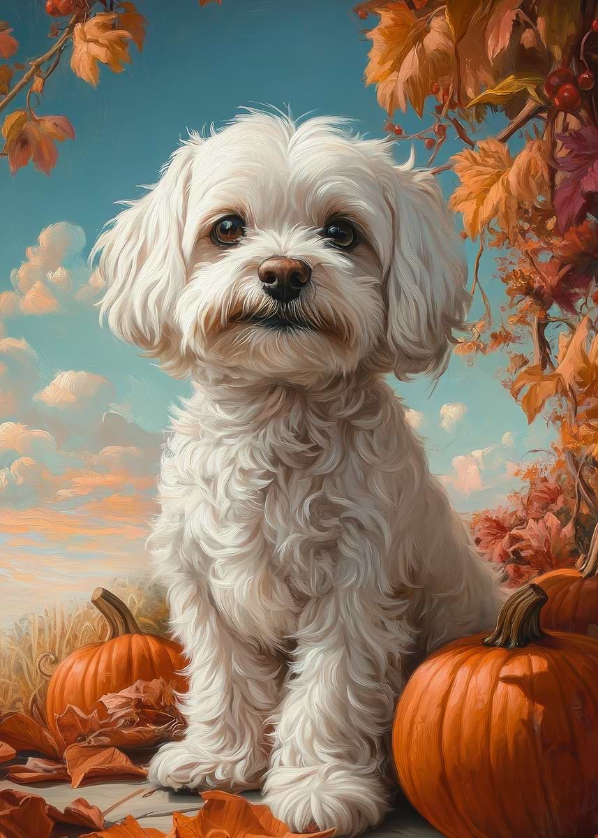 'Cute Maltese Dog with Pumpkins in Autumn | Fall Dog Portrait' Poster ...