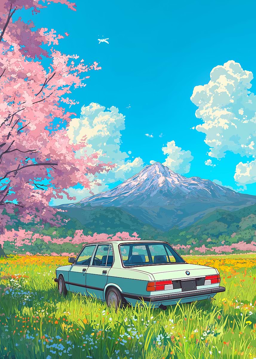 'Vintage Car in Spring Japanese' Poster, picture, metal print, paint by ...