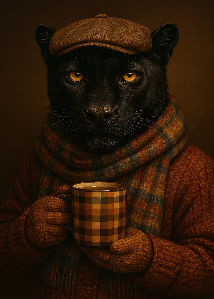 'Anthropomorphic Panther with Coffee' Poster, picture, metal print ...