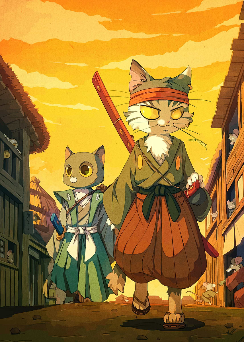 'Samurai Cats in Japanese Village' Poster, picture, metal print, paint ...