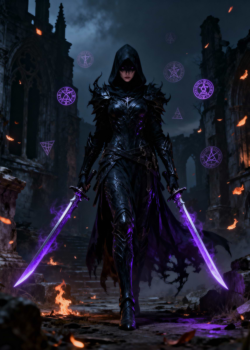 'Dark Fantasy Warrior with Purple Swords' Poster, picture, metal print ...