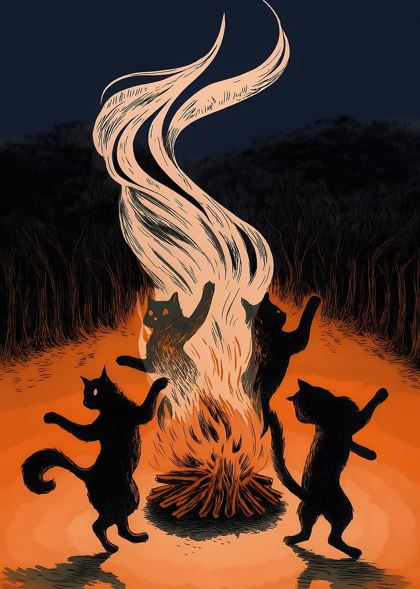 'Cats Dancing Around Campfire Illustration' Poster, picture, metal ...