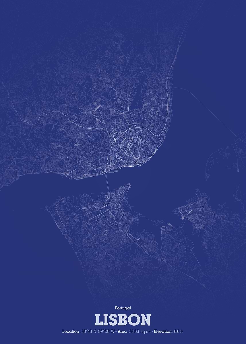 'Lisbon City Map - Blueprint' Poster, picture, metal print, paint by ...