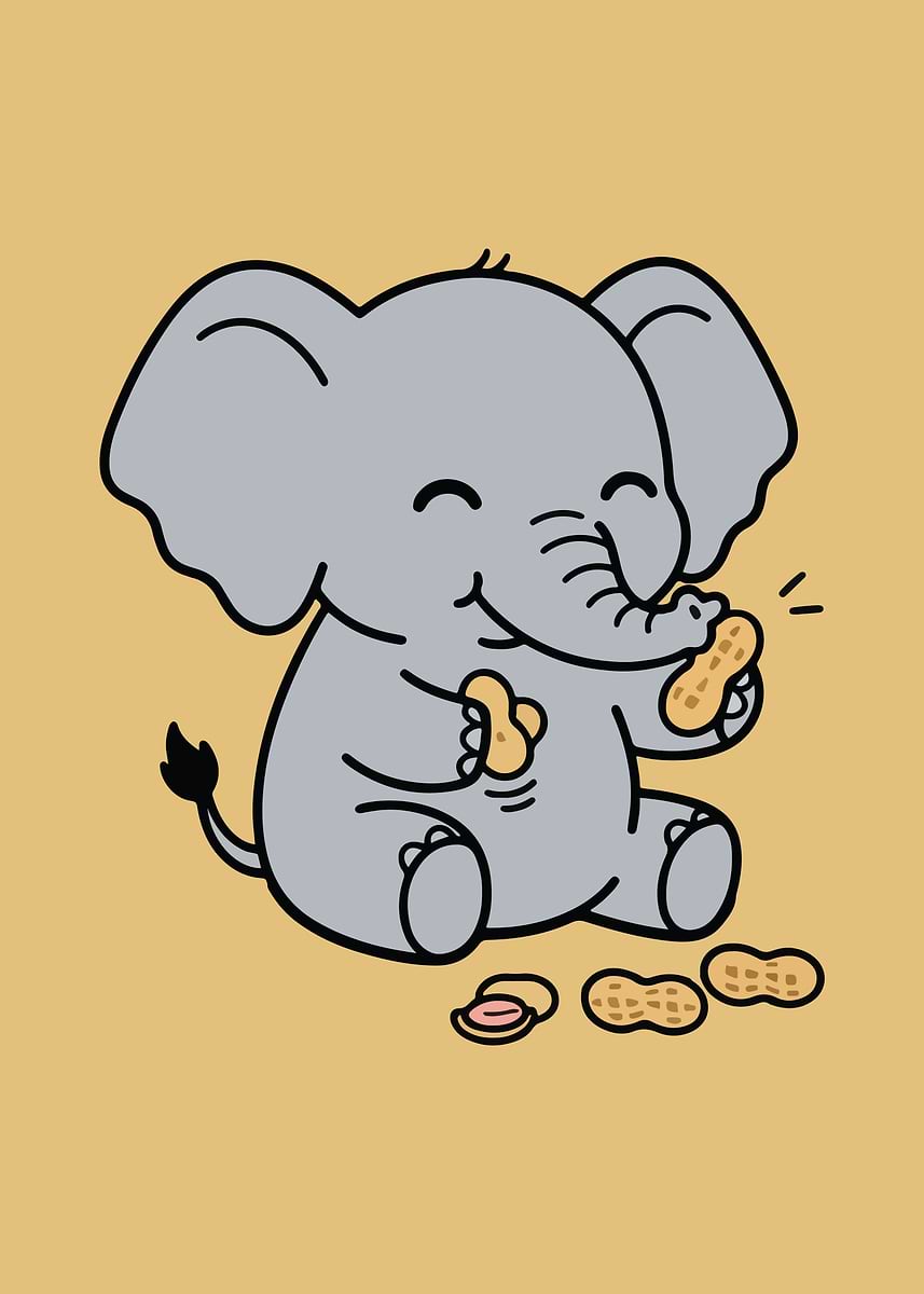 'Cartoon Elephant Eating Peanuts Illustration' Poster, picture, metal ...