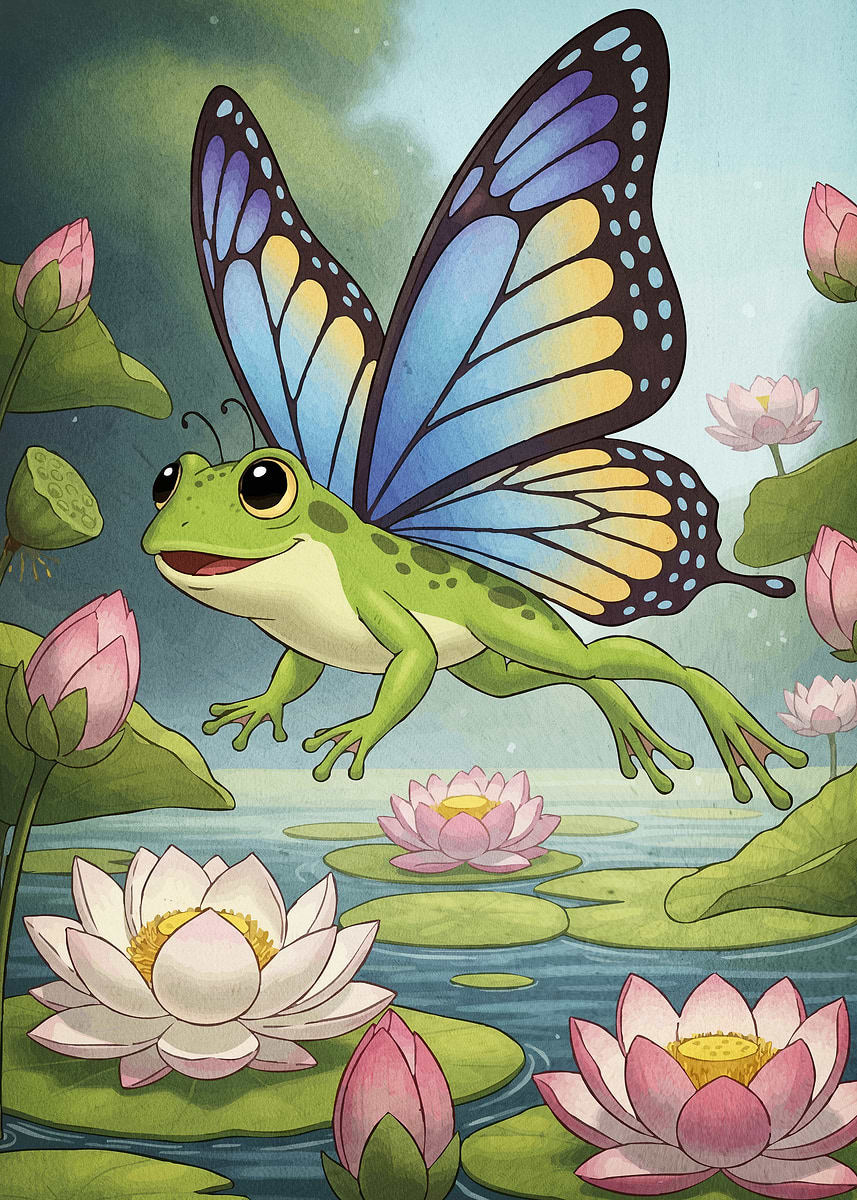 'Frog Butterfly Lily Pond' Poster, picture, metal print, paint by ...