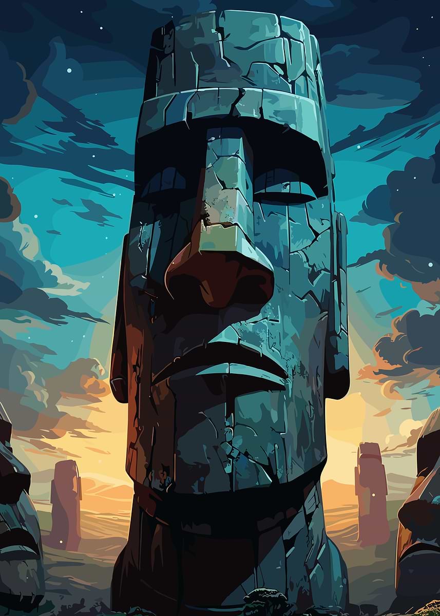 'Moai Statues at Sunset' Poster, picture, metal print, paint by Pelem ...