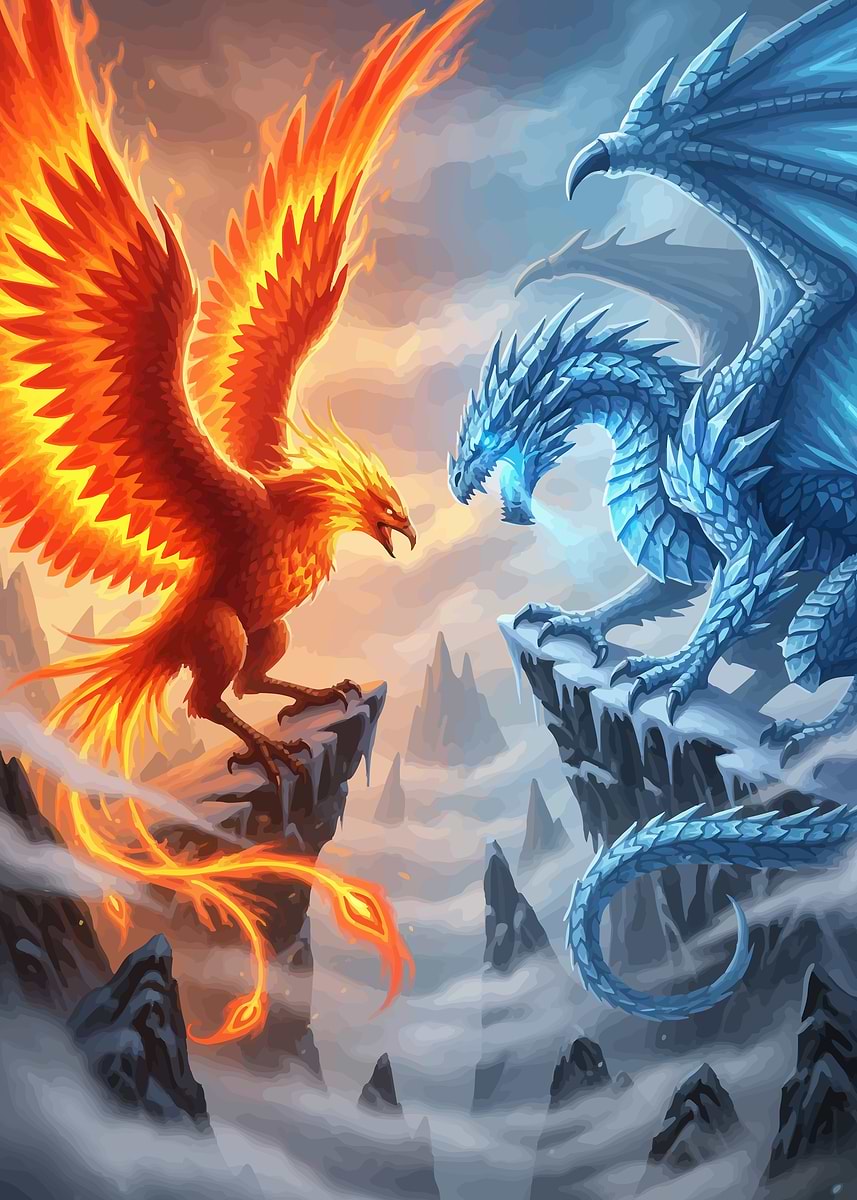 'Phoenix versus Dragon Fantasy' Poster, picture, metal print, paint by ...