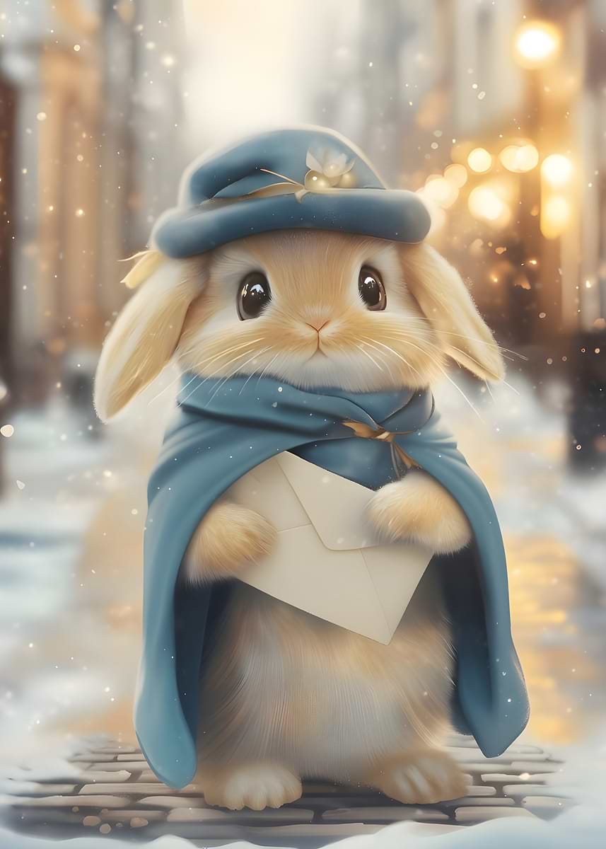 'Cute Bunny Postman in Christmas Winter Scene' Poster, picture, metal ...