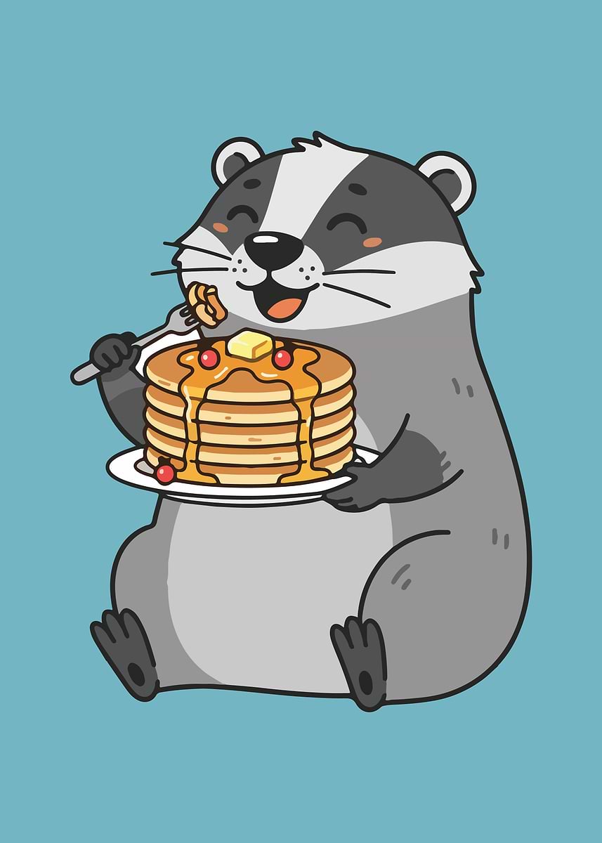 'Cartoon Badger Eating Pancakes Illustration' Poster, picture, metal ...