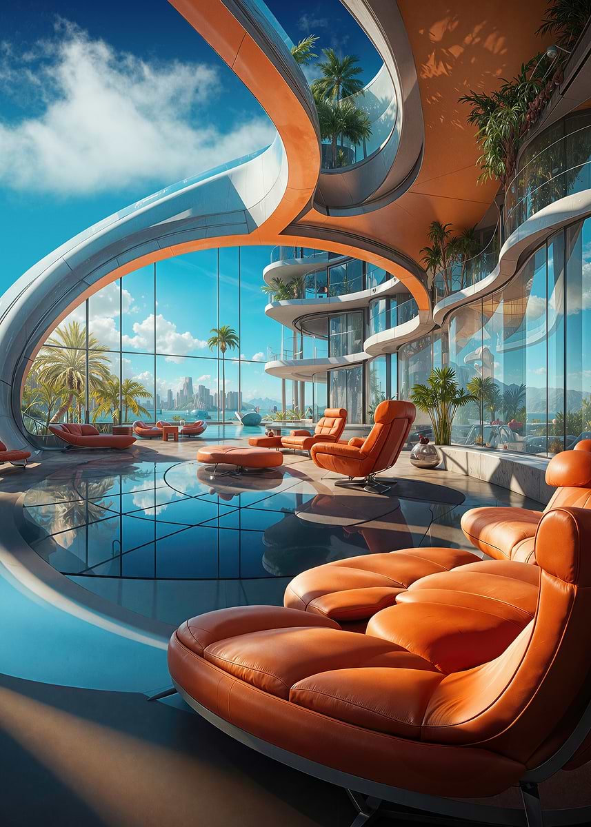 'Futuristic Orange Cyber Lounge with Ocean View' Poster, picture, metal ...