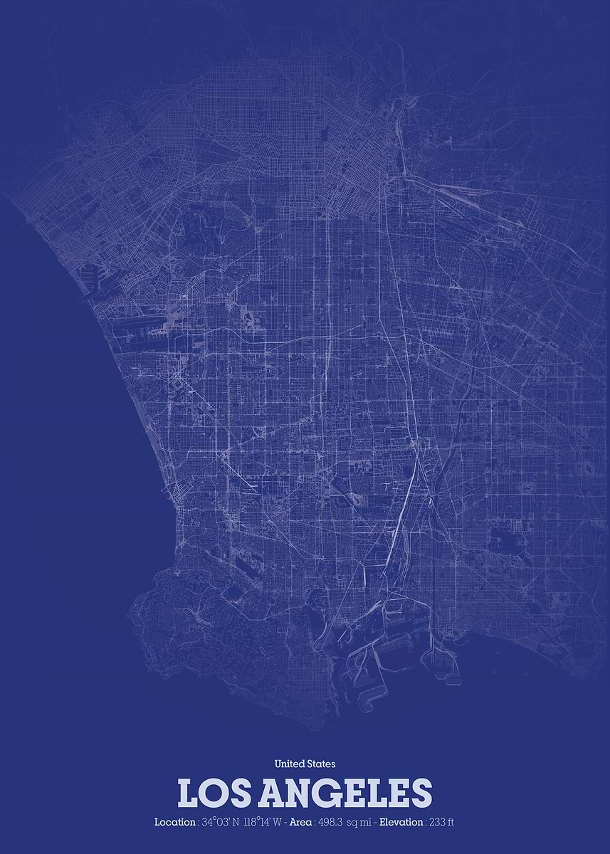 'Los Angeles City Map Blueprint Style' Poster, picture, metal print ...