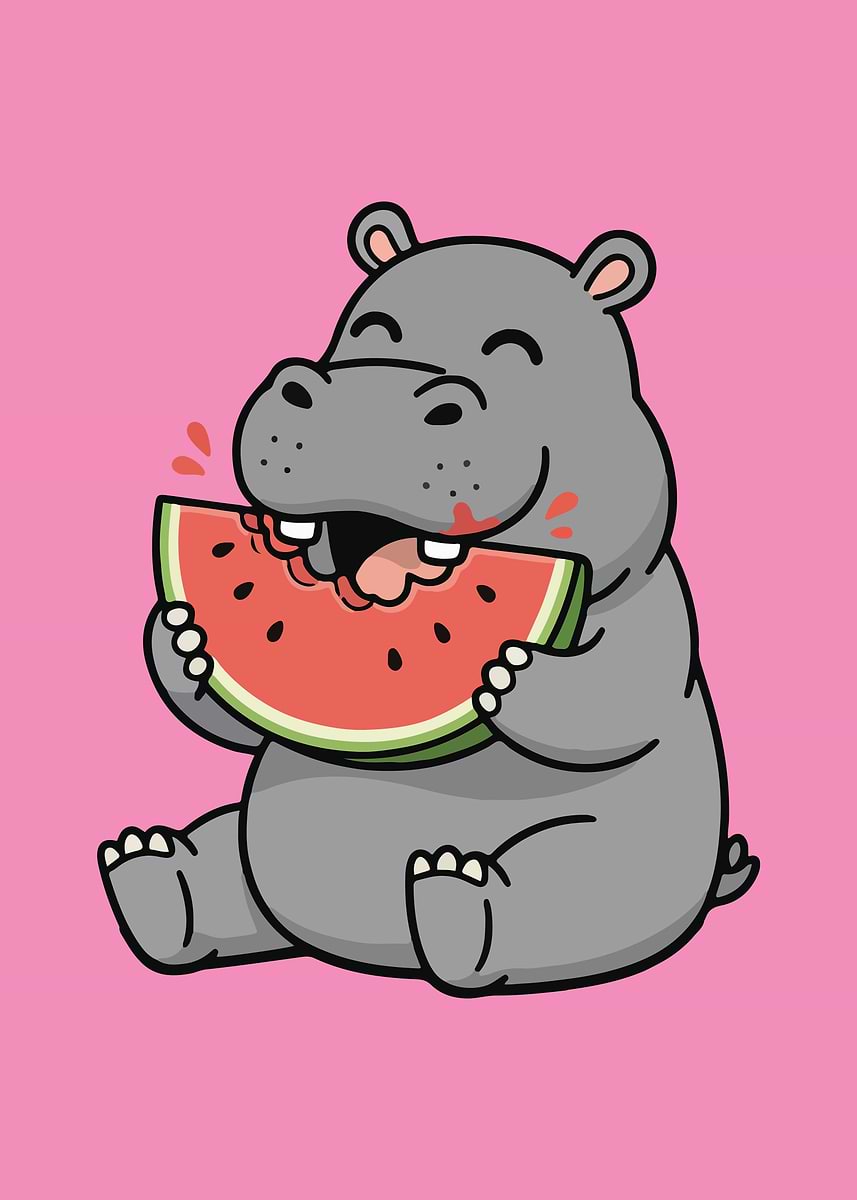 'Hippo eating watermelon on pink background' Poster, picture, metal ...