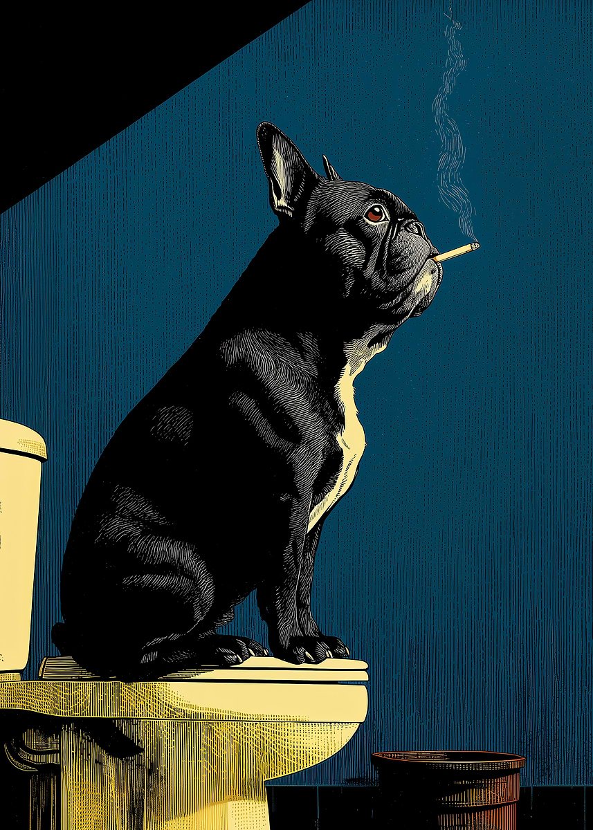 'Commanding French Bulldog Smoking — Quirky Bathroom Wall Art' Poster ...